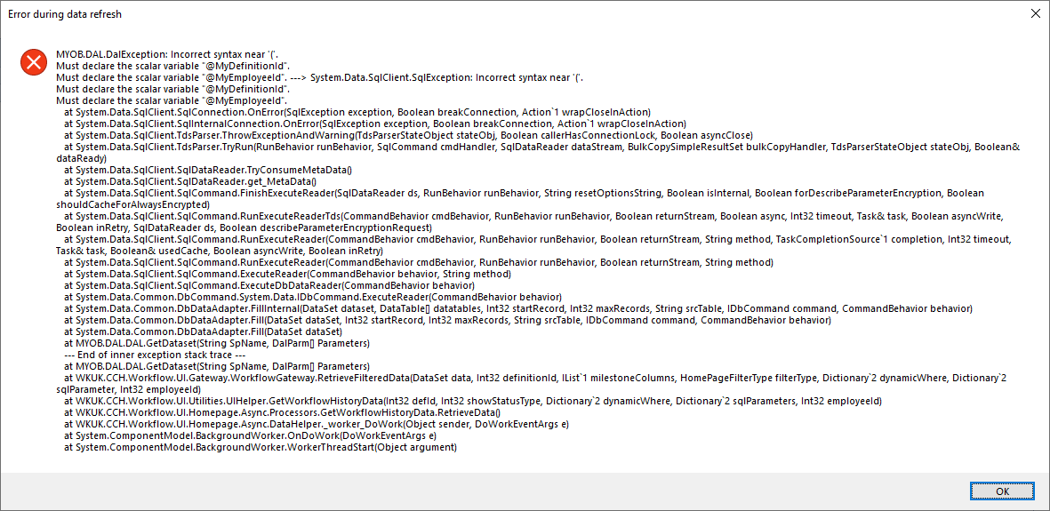CCH Workflow : Filtered Workflows homepage control error - Incorrect syntax near