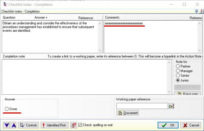 CCH Audit Automation : Some checklist answers are greyed out